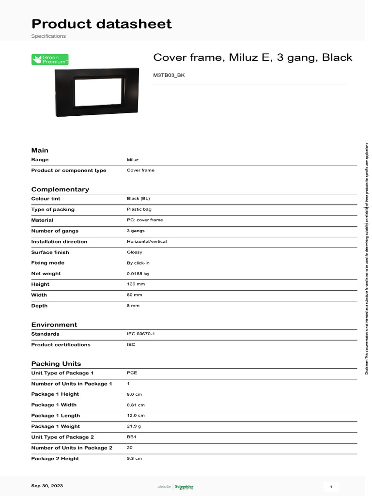 Miluz E 3-Gang Cover Frame Datasheet | PDF