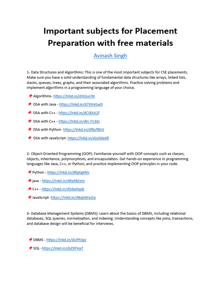Important Subjects For Placement Preparation With Free Materials | PDF ...