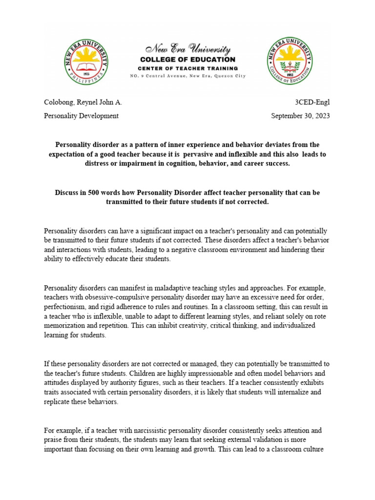 Assignment 3 Personality Disorder | PDF | Personality Disorder | Mental ...