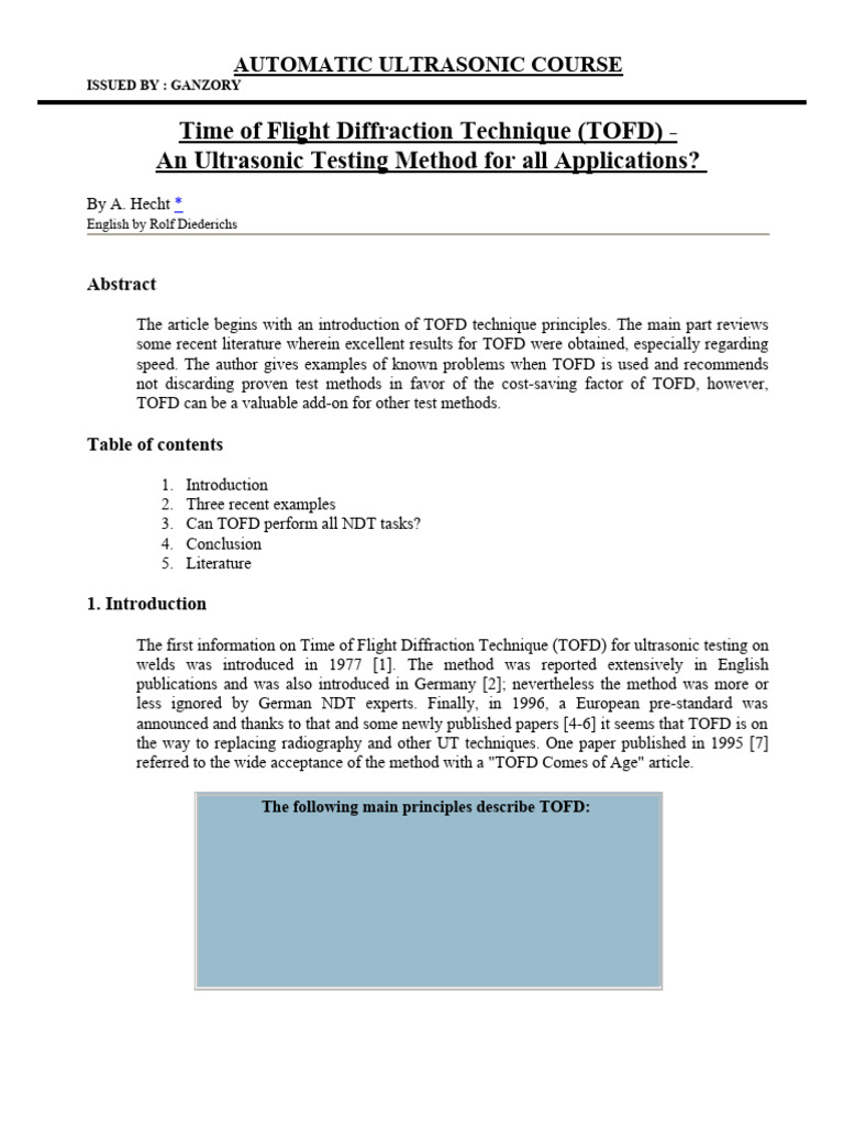 Time of Flight Diffraction Technique | PDF | Nondestructive Testing ...