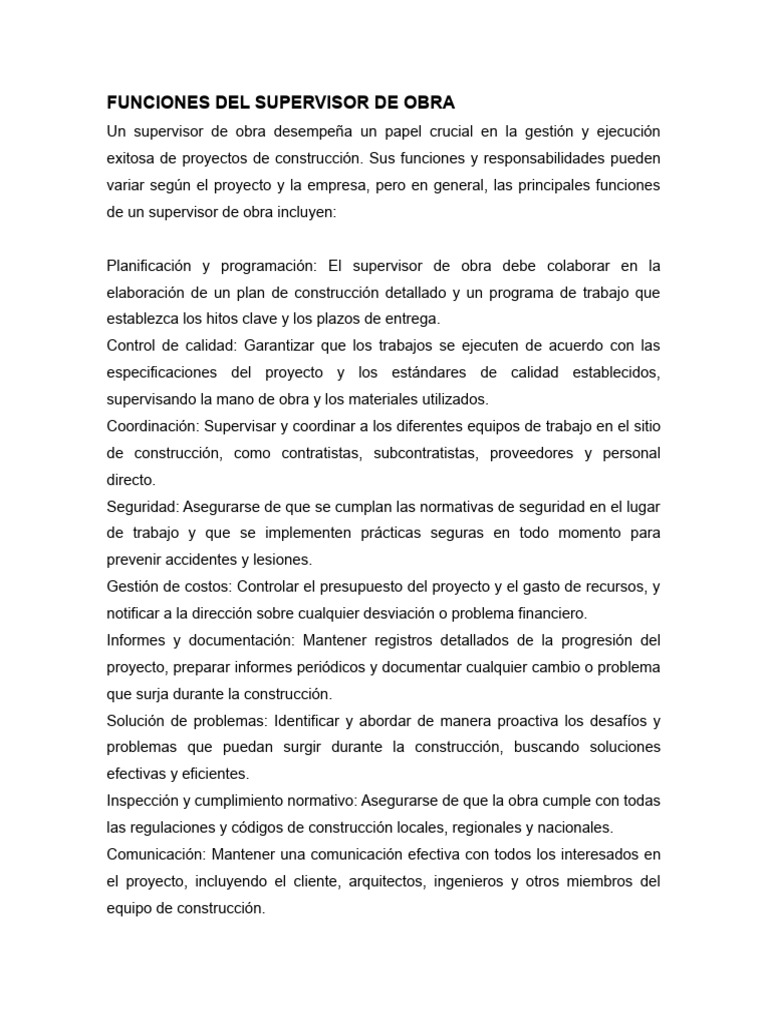 FUNCIONES DEL SUPERVISOR DE OBRA | PDF