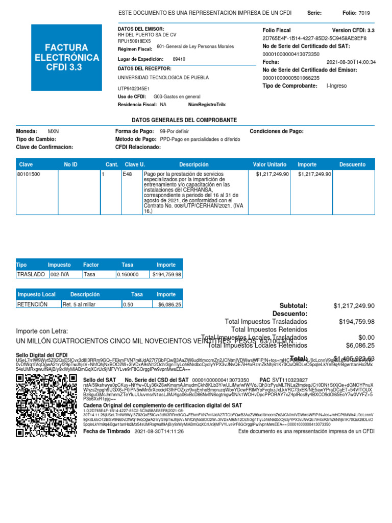 Factura Electrónica CFDI 3.3: MXN 99-Por Definir PPD-Pago en ...