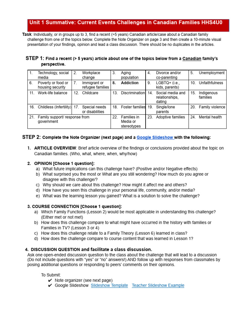 Unit 1 Sem 2 Summative HHS4U0 Family Challenges | PDF