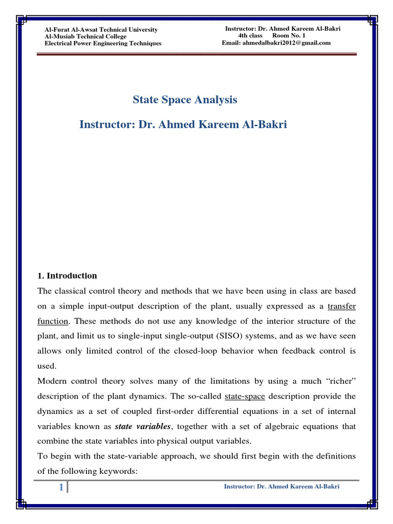 Chapter 5 State Space Analysis Pdf Control Theory Linear Algebra