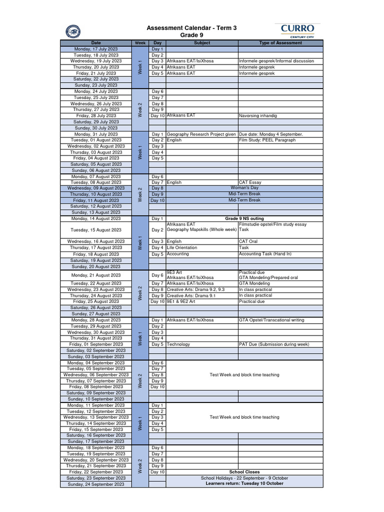 Assessment Calendar - Term 3 - Grade 9 | PDF