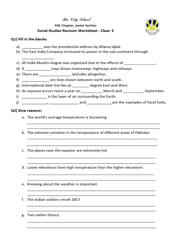 Class 5 Social Studies Revision Worksheet | PDF | Science & Mathematics