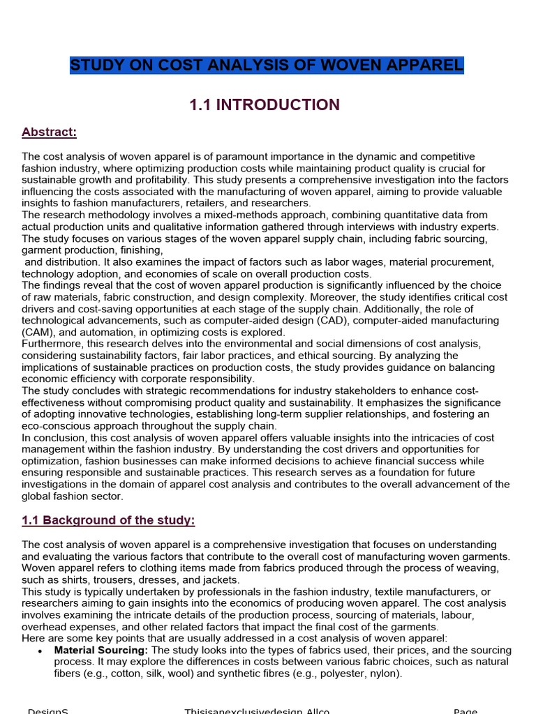 Study On Cost Analysis of Woven Apparel: Abstract | PDF