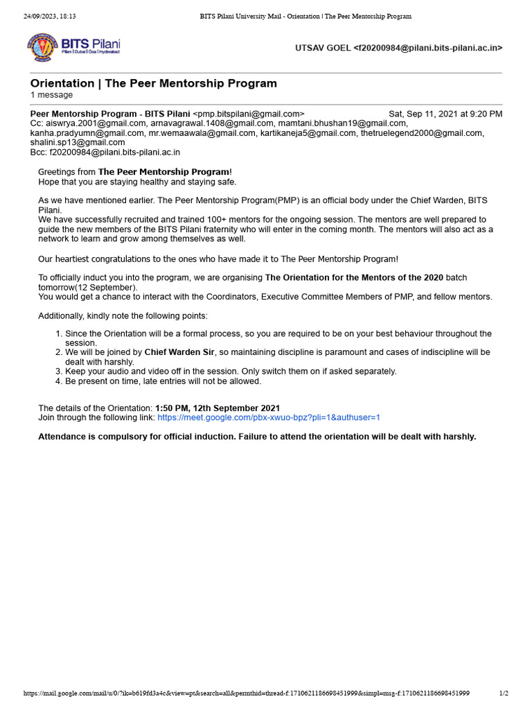 BITS Pilani University Mail - Orientation - The Peer Mentorship Program | PDF | Learning ...