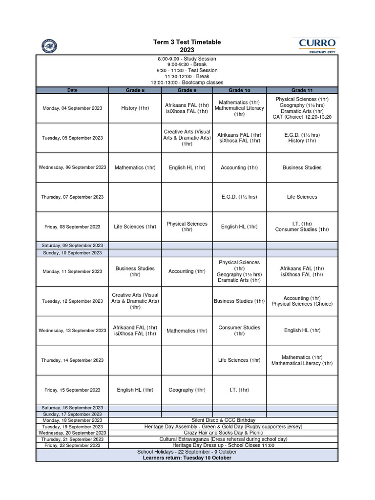 Term 3 - Test Timetable | PDF