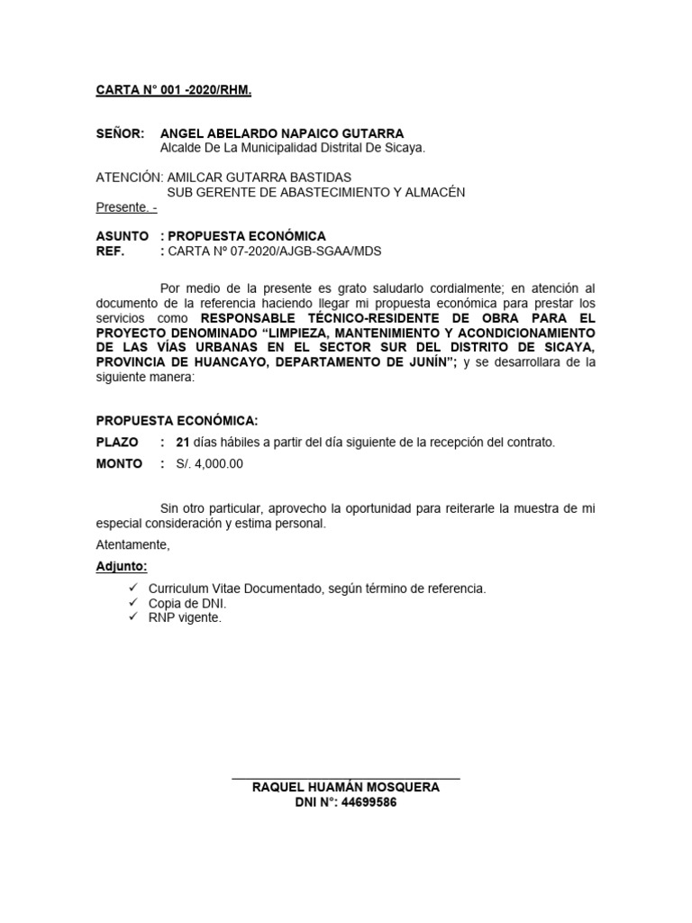Carta N 01 Propuesta Jhim | PDF