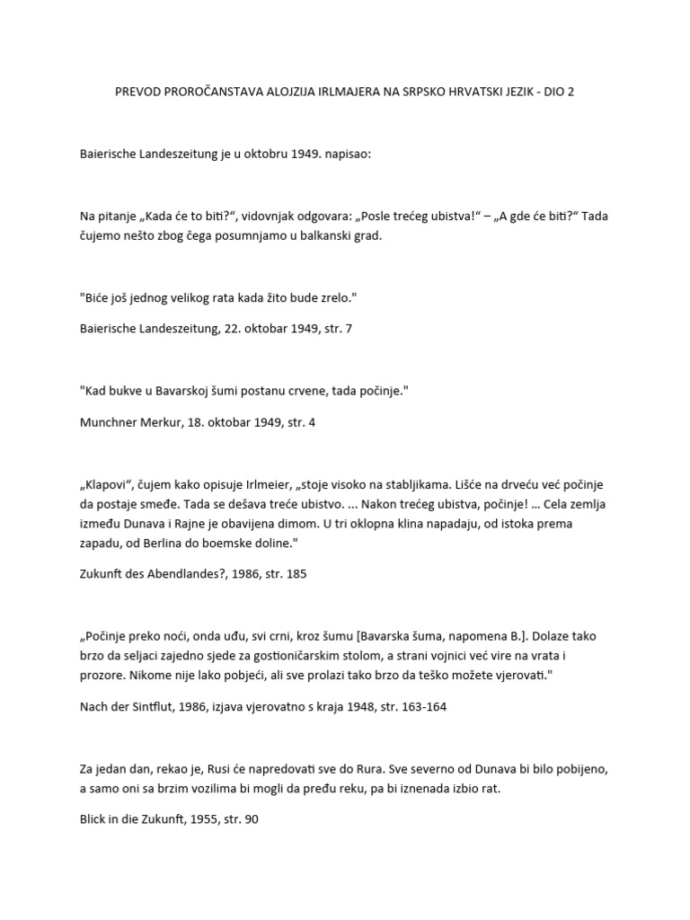 Prevod Proročanstava Alojzija Irlmajera Na Srpsko Hrvatski Jezik - Dio 2 | PDF