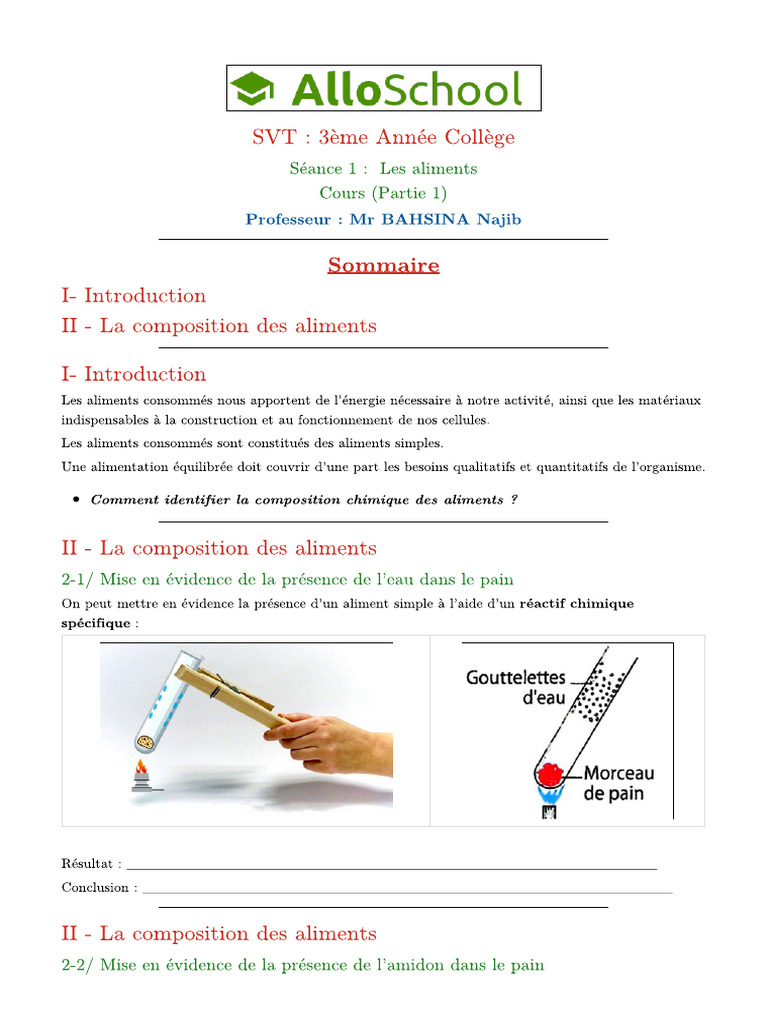 Seance 1 Les Aliments Cours Partie 1 | PDF