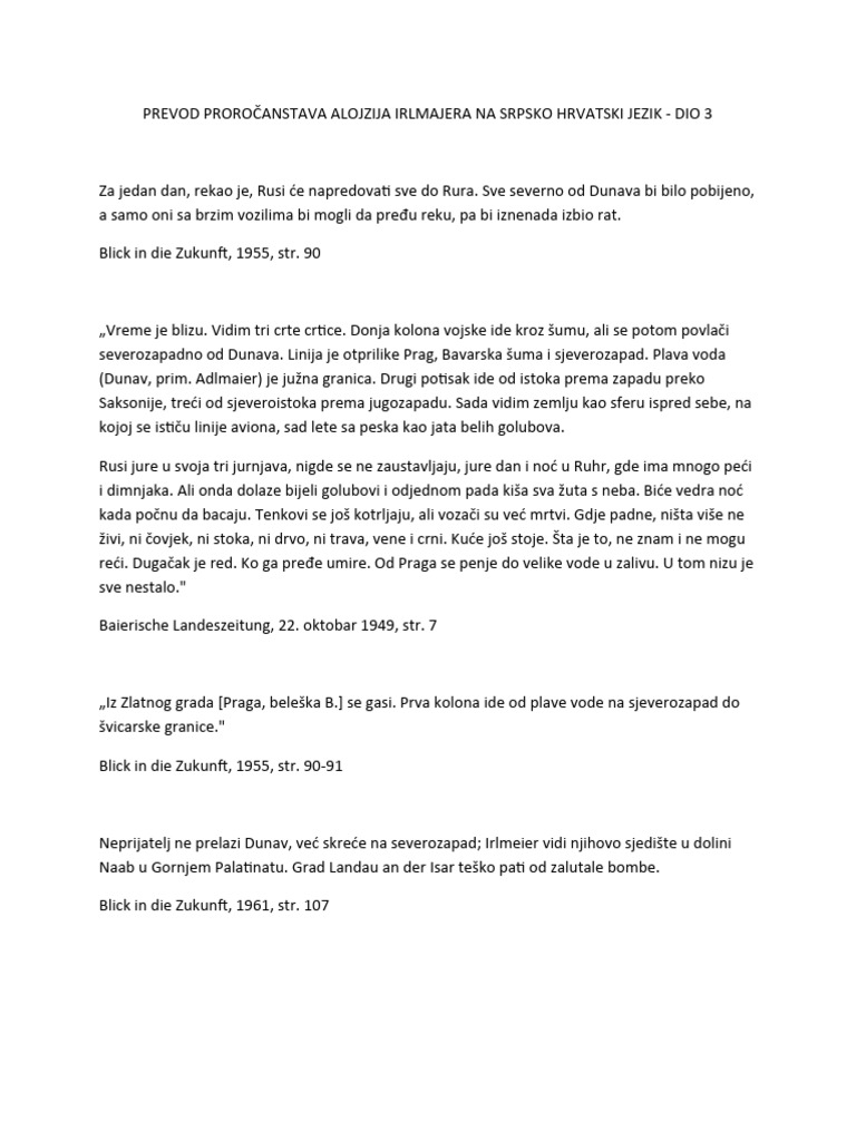 Prevod Proročanstava Alojzija Irlmajera Na Srpsko Hrvatski Jezik - Dio 3 | PDF