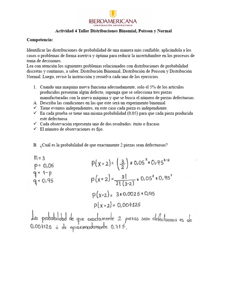 Actividad 4 Taller Distribuciones Binomial, Poisson y Normal | PDF | Probabilidad | Desviación ...