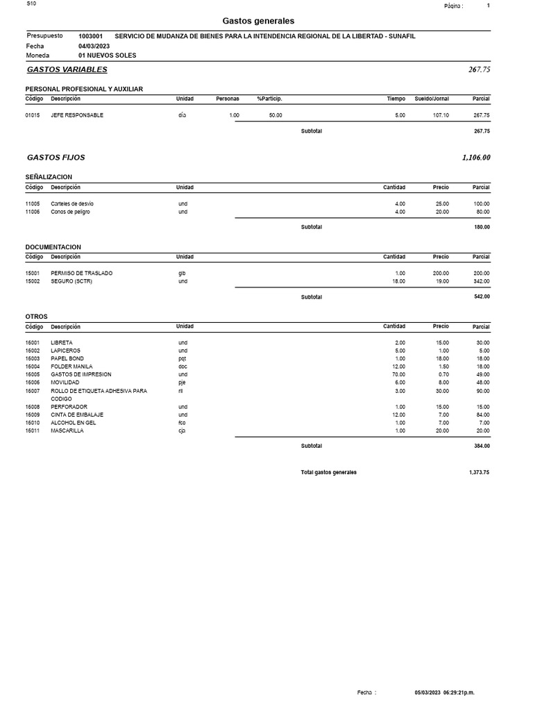 Gastos Generales | PDF