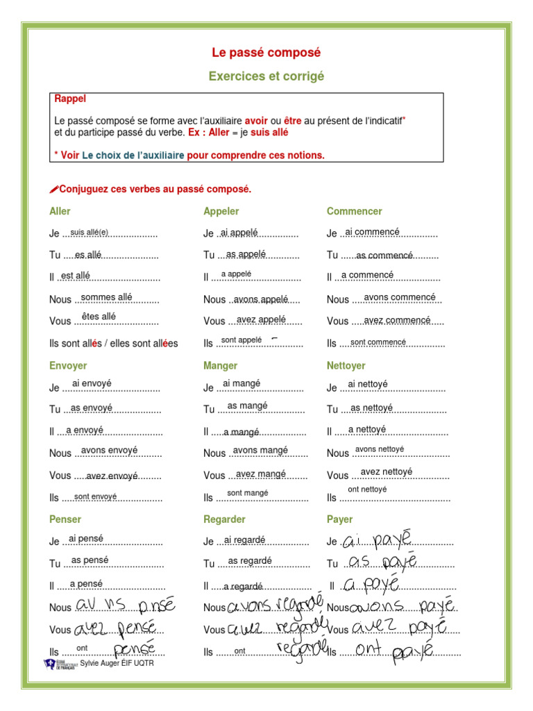Le Passé Composé Exercices Et Corrigé Web | PDF