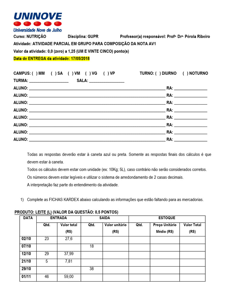 2018-01. Atividade 4 - Ficha Kardex | PDF