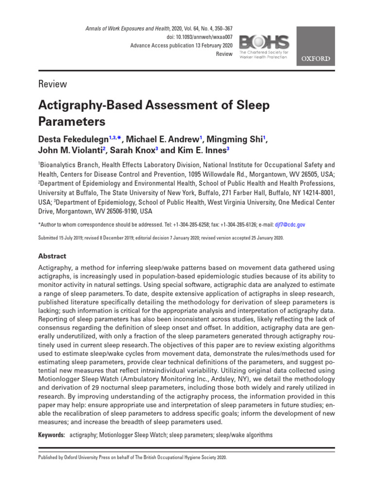 Actigraphy Based Assessment Of Sleep Pdf Sleep Science 