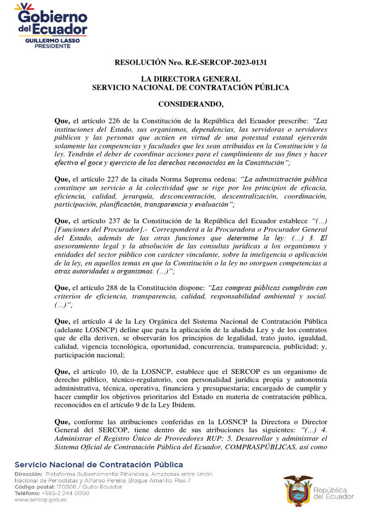 Resolucion Nro. Re Sercop 2023 0131 Signed Signed | PDF | Constitución | Estado (política)