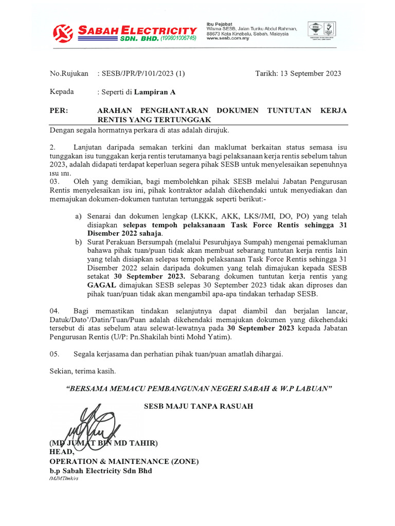 Arahan Menghantar Tunggakan Tuntutan Kerja Rentis | PDF