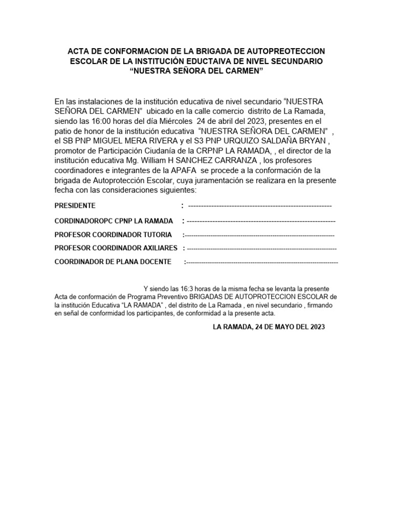 Acta de Conformacion de La Brigada de Autopreoteccion Escolar de La Institución Eductaiva de ...