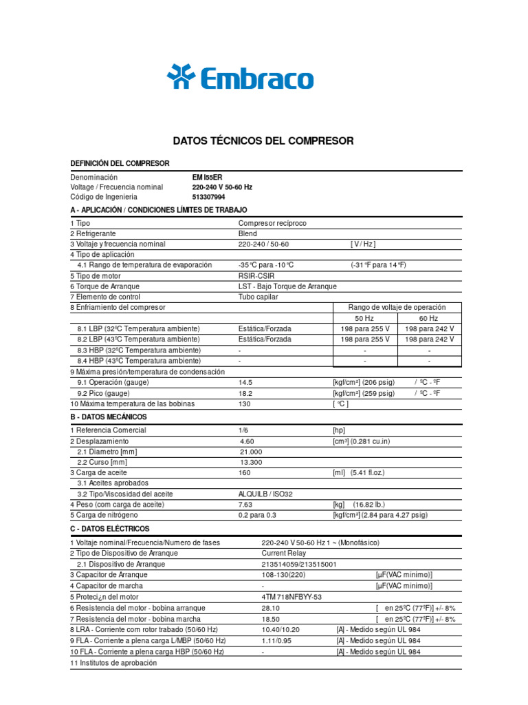 Datos Técnicos Del Compresor | PDF