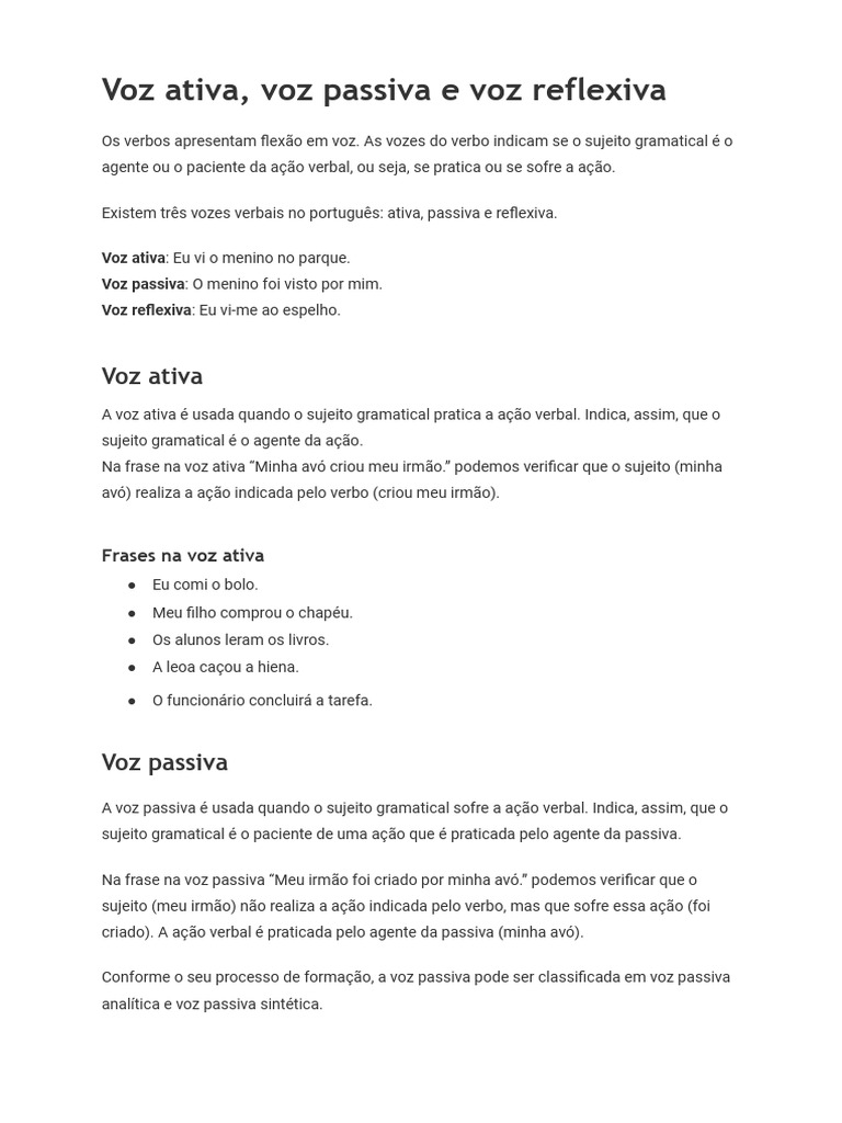 Vozes Verbais: Ativa, Passiva e Reflexiva | PDF | Assunto (gramática ...
