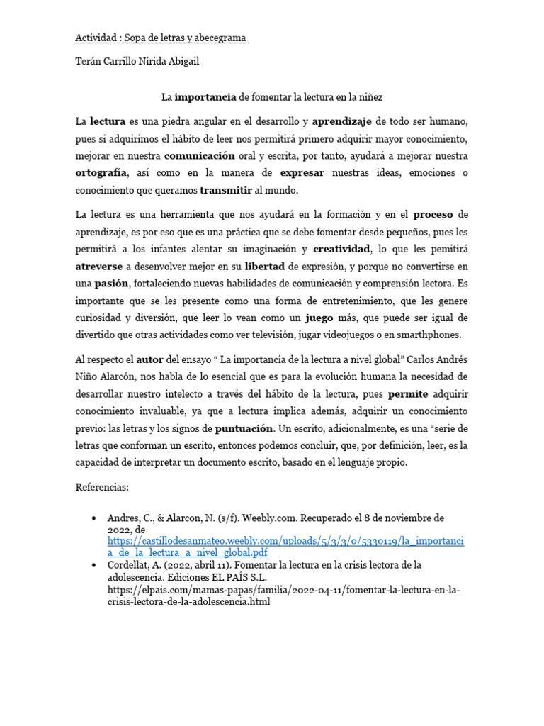 La Importancia de Fomentar La Lectura en La Niñez | PDF