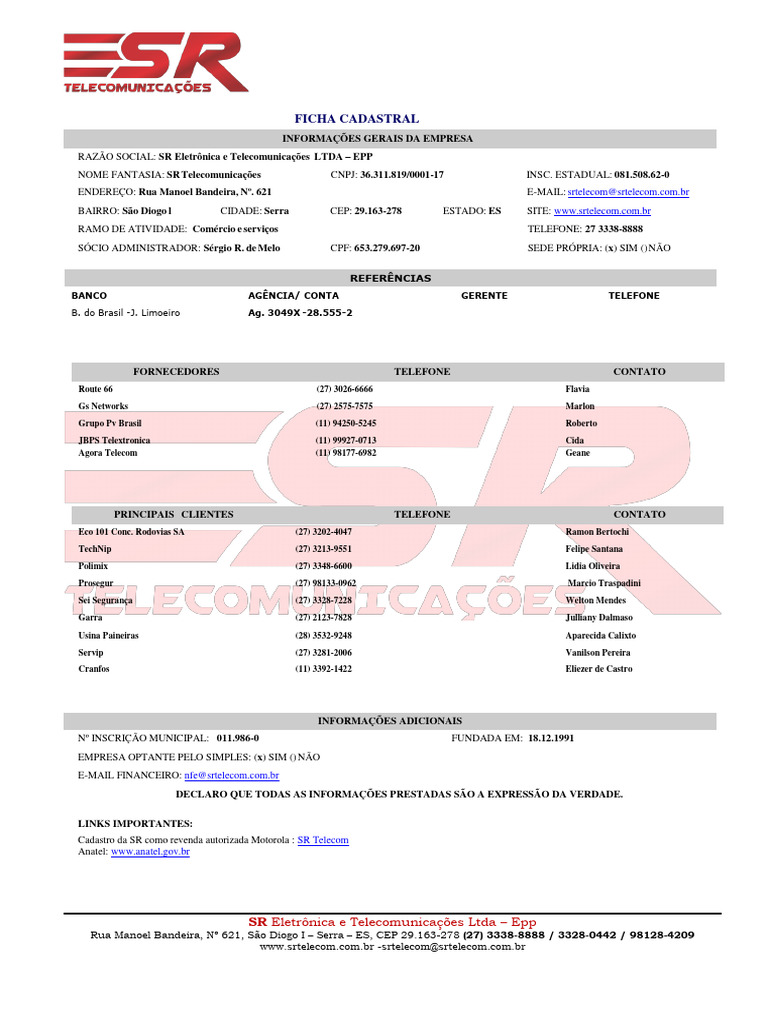 Ficha Cadastral - SR Telecom | PDF | Economias | Brasil