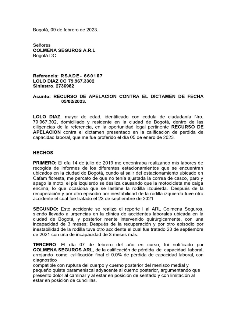 Carta de Respuesta ARL Colmena | PDF | Invalidez | Causas de la muerte