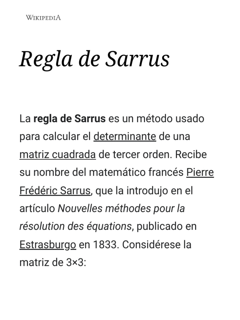 Regla de Sarrus - Wikipedia, La Enciclopedia Libre | PDF