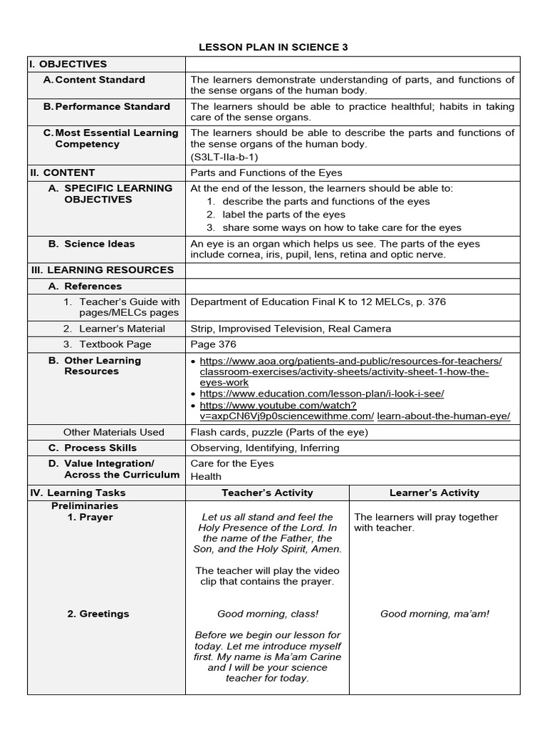 LESSON PLAN IN SCIENCE 3 DEMO Teaching 1 | PDF | Eye | Camera