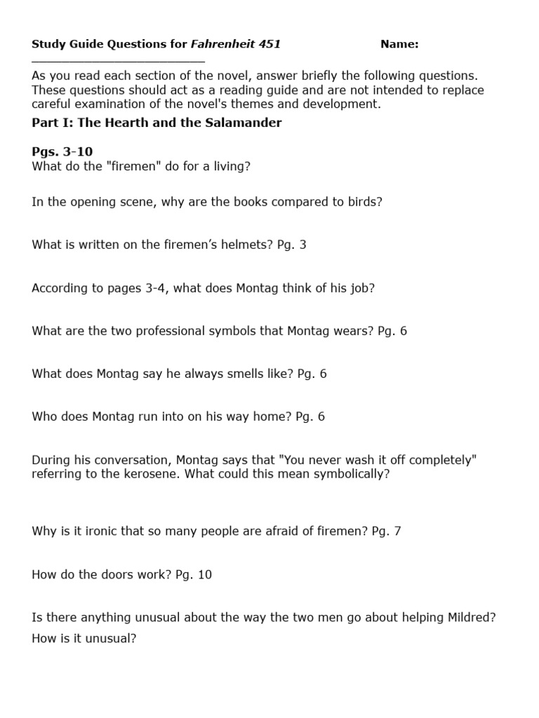 Fahrenheit 451 Study Guide Part 1 | PDF | Mystery, Thriller & Crime Fiction