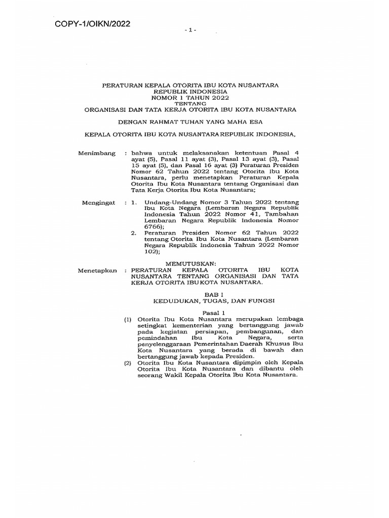 Perka OIKN No 1 Tahun 2022 TTG Organisasi Dan Tata Kerja OIKN | PDF