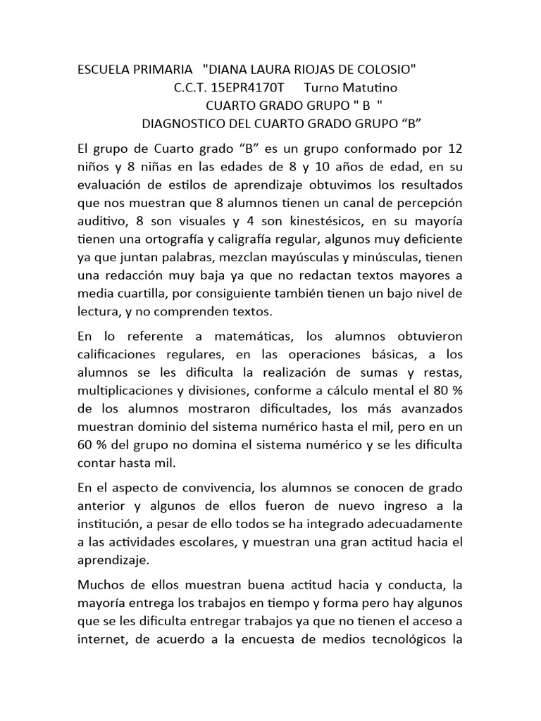 Diagnostico Cuarto Grado B | PDF | Aprendizaje | Educación primaria
