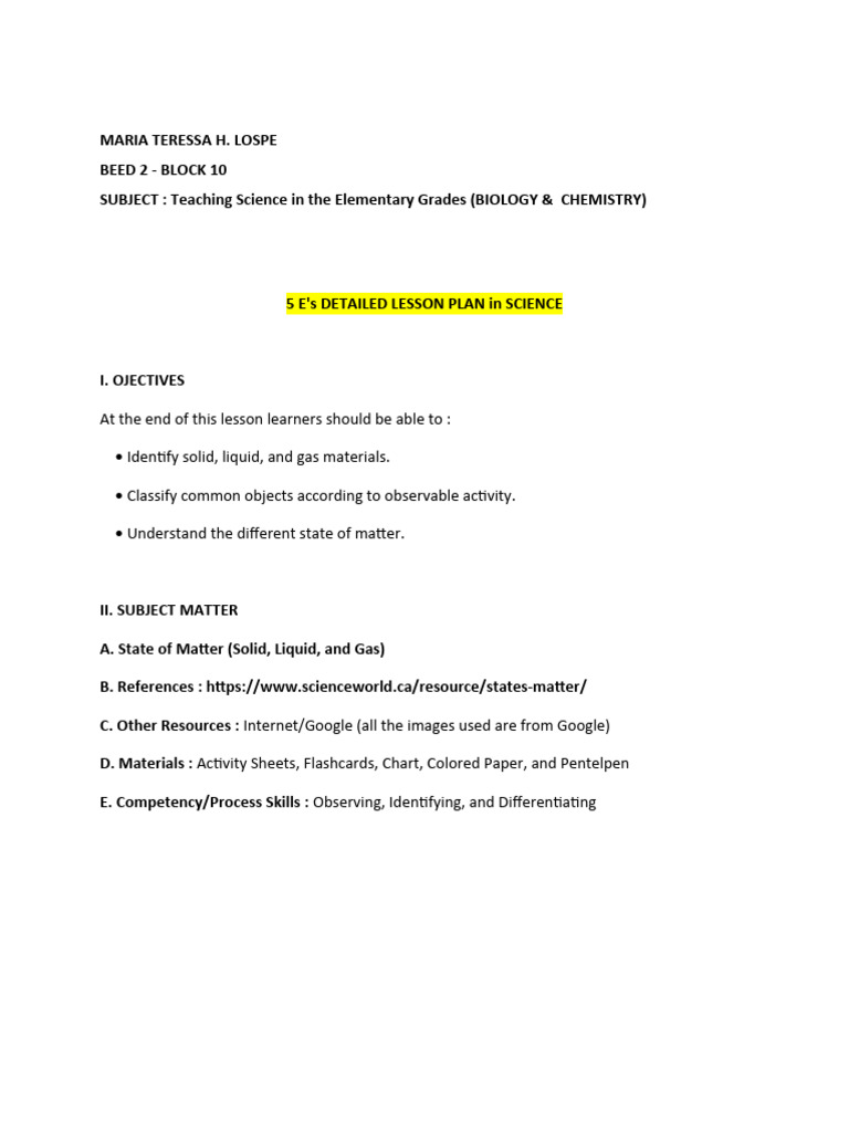 Elementary Science Lesson Plan | PDF | Matter | Gases