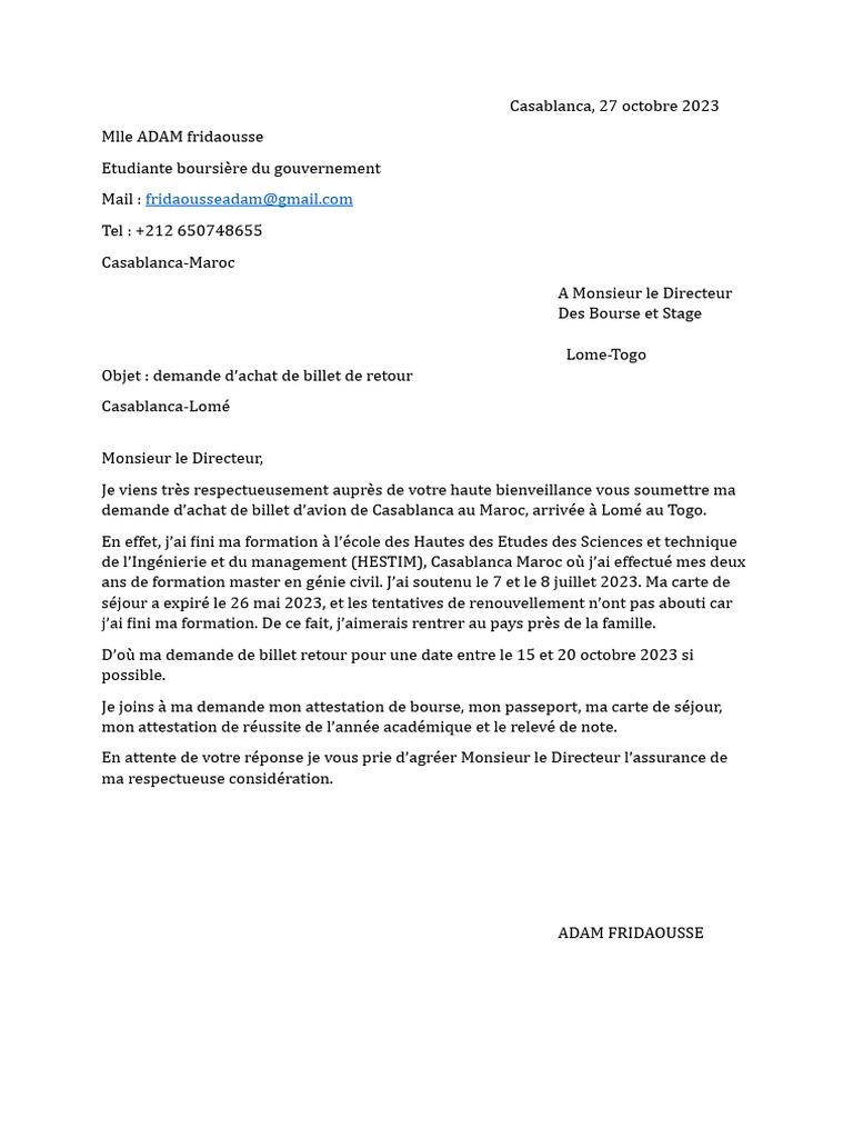 Demande de billet retour Casablanca-Lomé | PDF