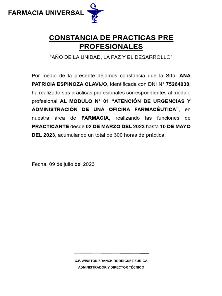 CONSTANCIA DE PRACTICAS PRE PROFESIONALES | PDF