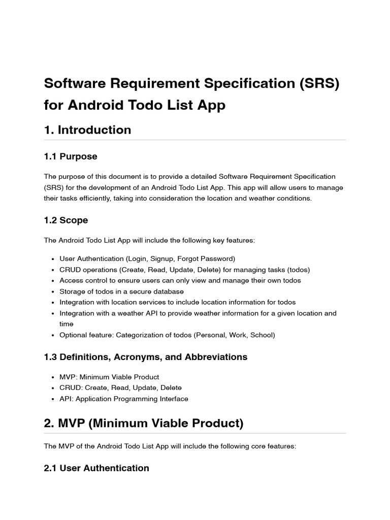 Software Requirement Specification (SRS) For Android Todo List App | PDF | Mobile App | Android ...