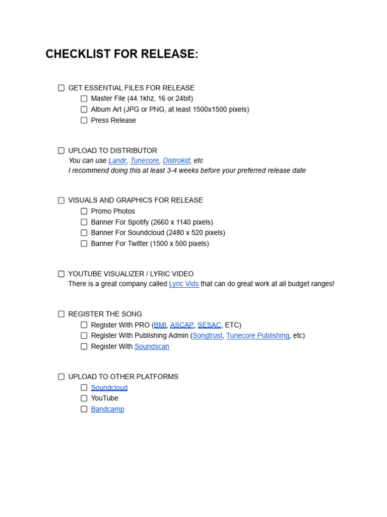 Make Pop Music - Song Release Checklist | PDF