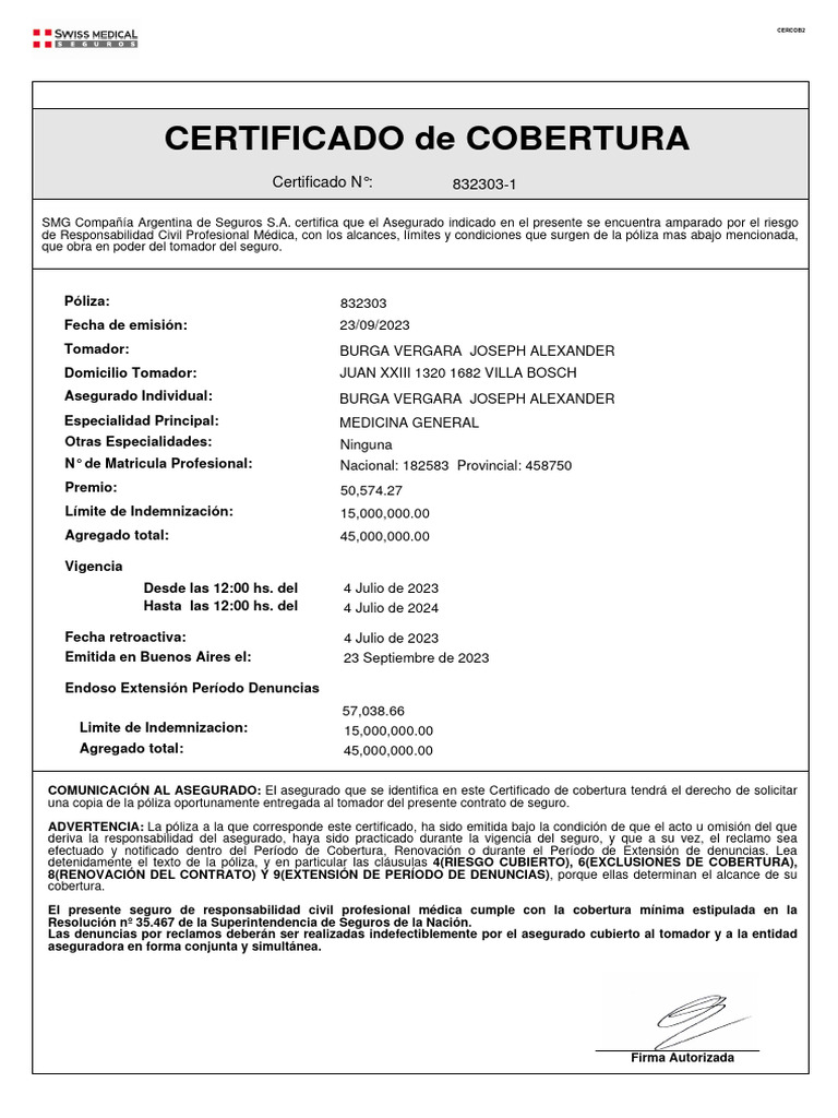 Certificado de Cobertura 14827012 1 | PDF