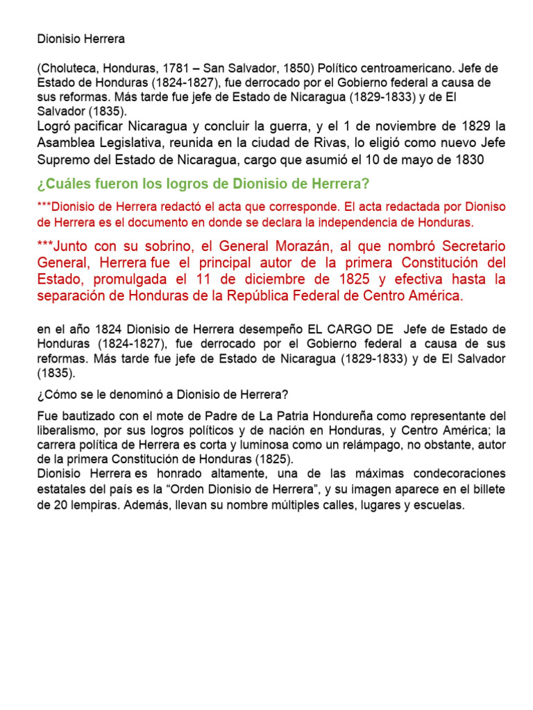Logros de Dionisio de Herrera en Honduras | PDF