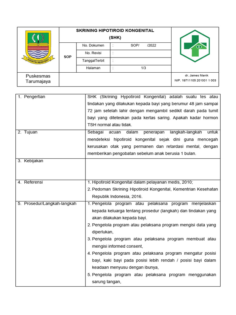 Sop Skrining Hipotiroid Kongenital | PDF
