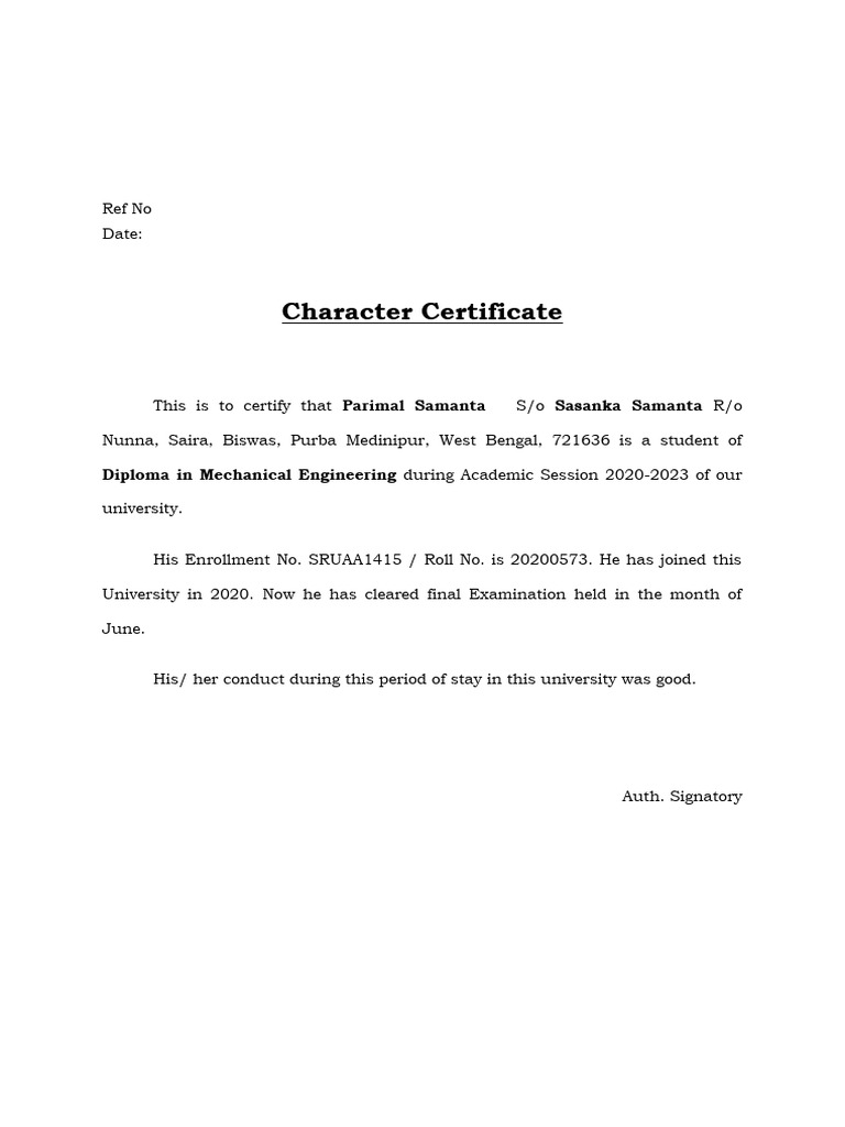 Character Certificate | PDF