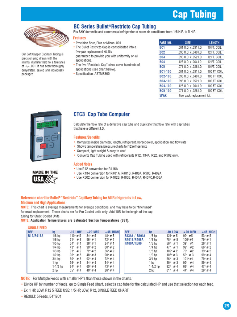 Cap Tube Conversion Chart
