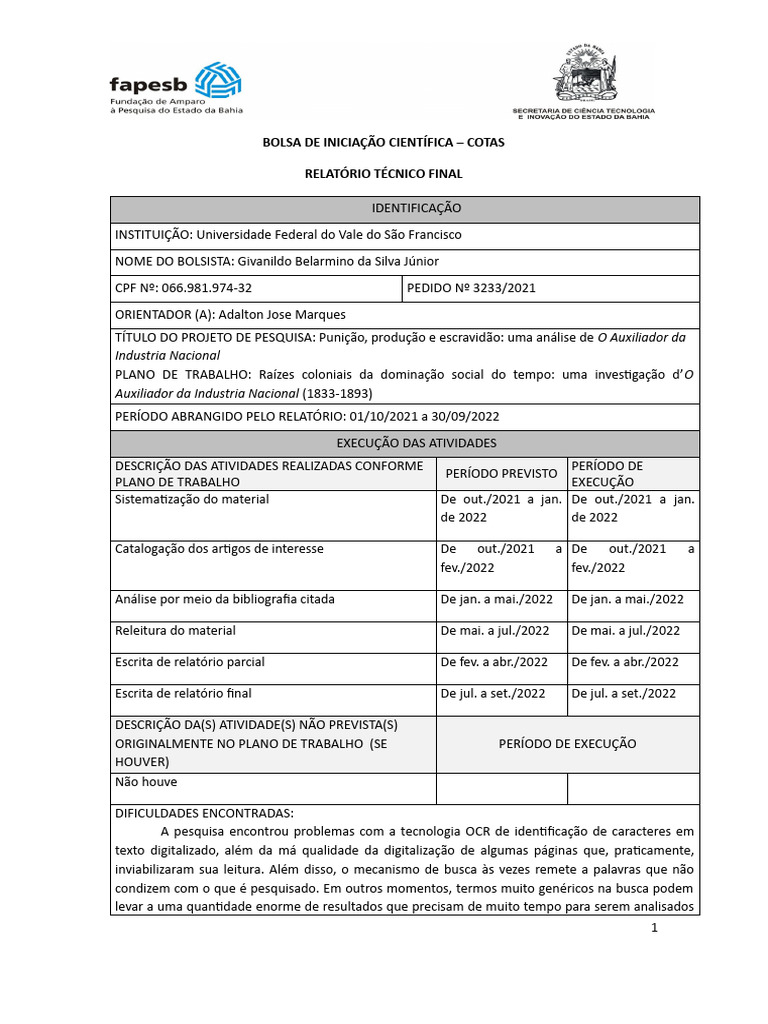 Relatorio Final IC COTAS | PDF