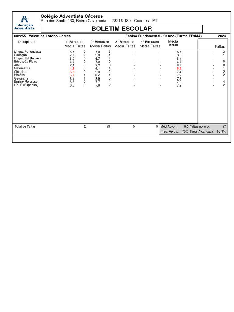 Boletim Escolar: Colégio Adventista Cáceres | PDF