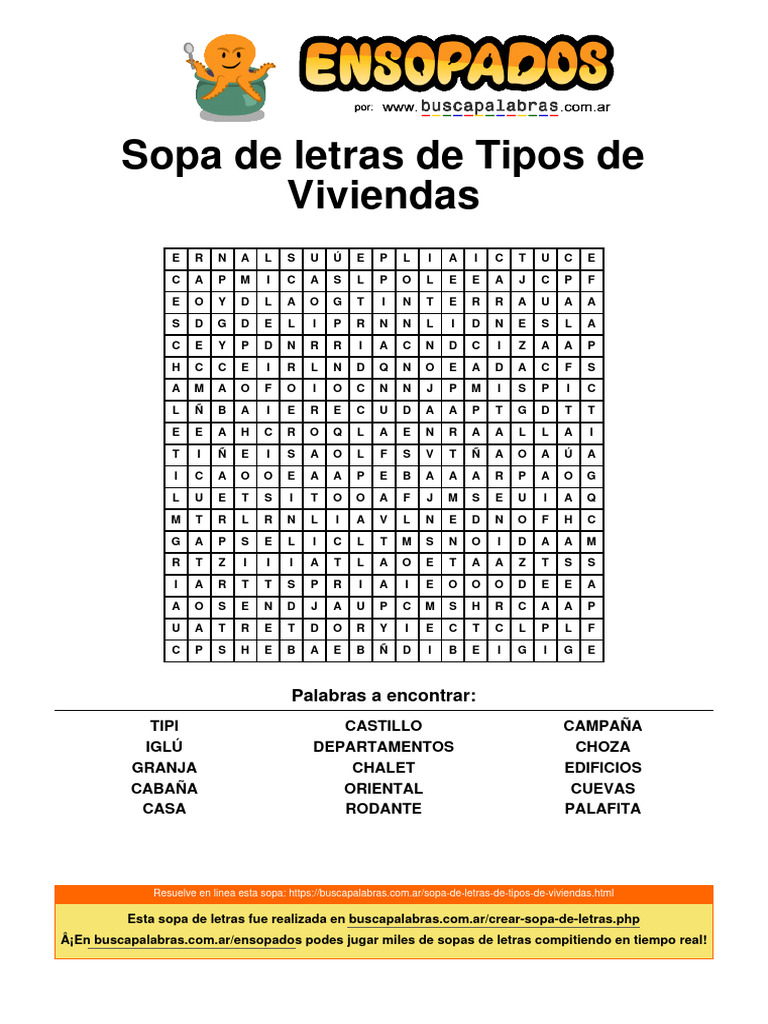 Sopa de Letras de Tipos de Viviendas | PDF