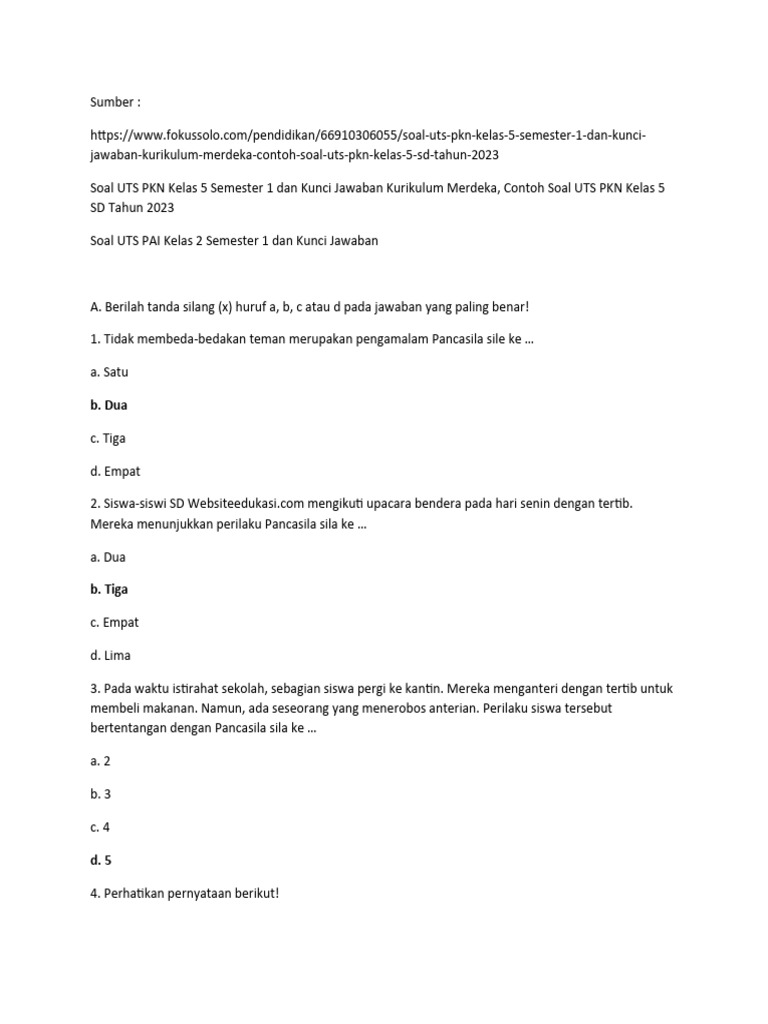 PKN-soal UTS PKN Kelas 5 Semester 1 | PDF | Ilmu Sosial