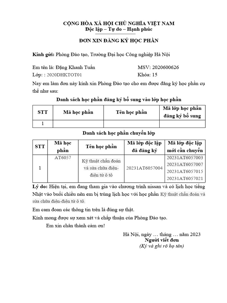 Đơn xin đăng ký học phần (mẫu mới) | PDF